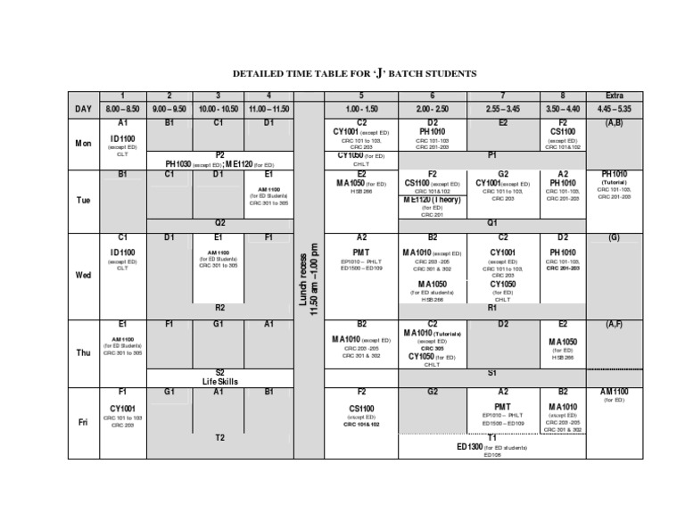 J Batch Detailed Time Table | PDF