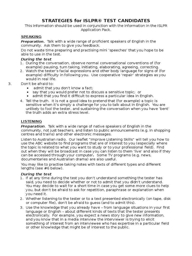 Strategies For Islpr Test Candidates 2012 | PDF