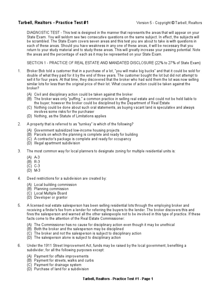 Tarbell, Realtors - Practice Test #1 | PDF | Mortgage Law | Real Estate ...