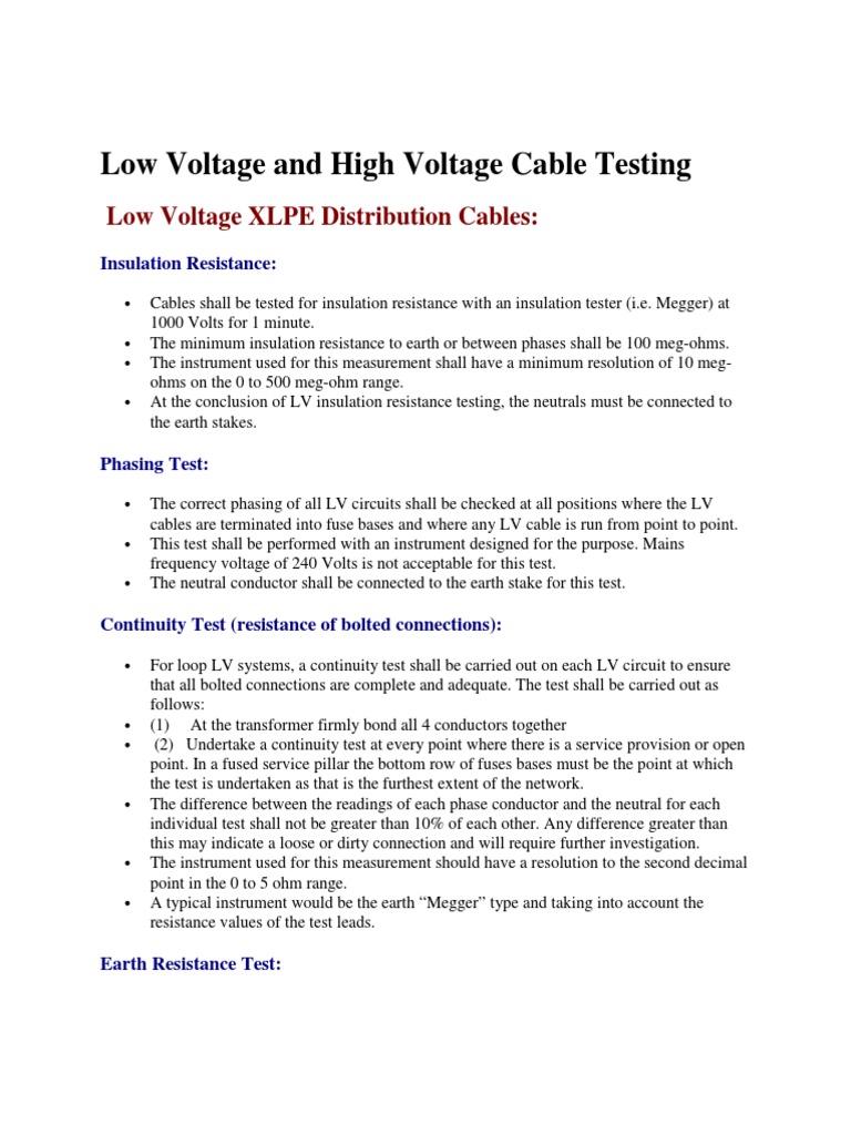 Megger Testing Standards for Cables | PDF | Insulator (Electricity ...
