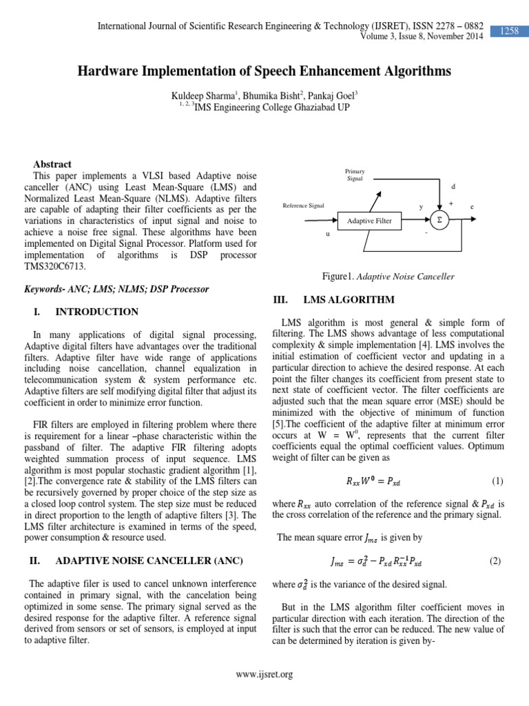 Hardware Implementation Of Speech Enhancement Algorithms Pdf Digital Signal Processor