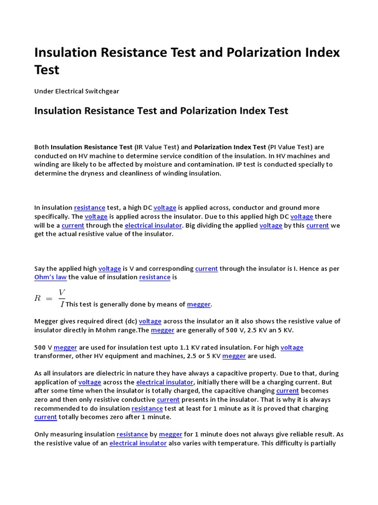 Insulation Resistance Test and Polarization Index Test | PDF ...