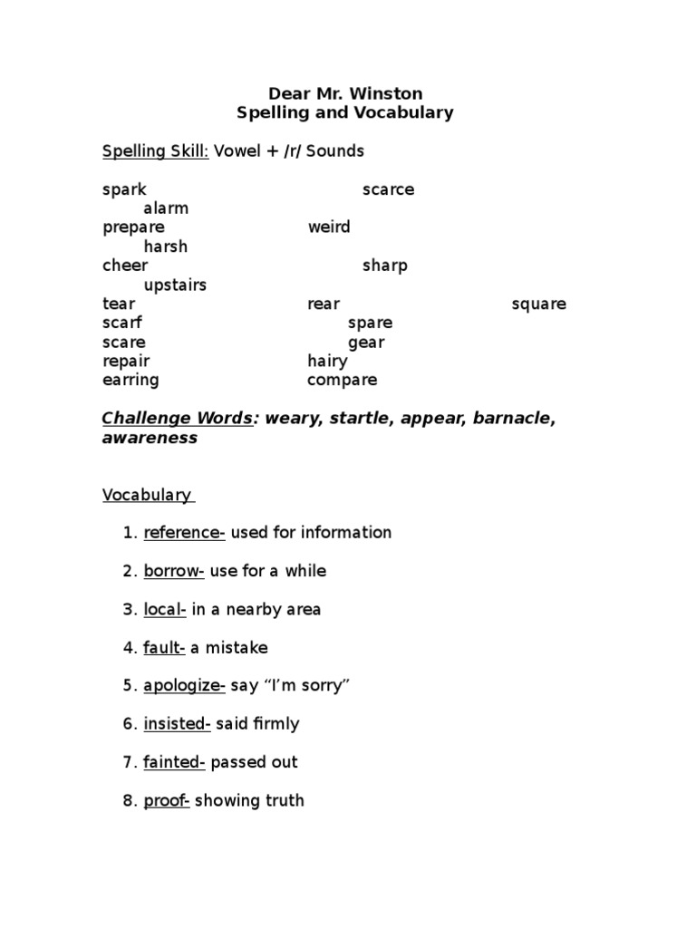 Dear MR Winston Spelling and Vocabulary | PDF | Language Arts ...