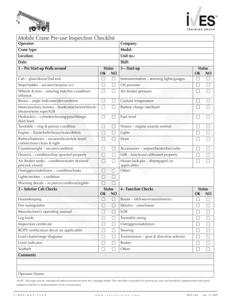 Mobile Crane Pre-Use Inspection Checklist | PDF