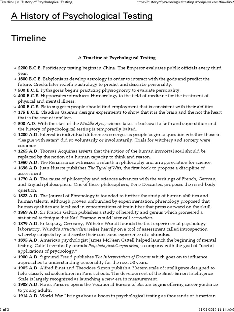 Timeline A History of Psychological Testing | PDF | Psychological ...