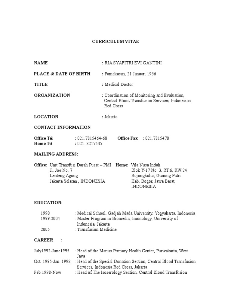 CV Dr. Ria | PDF | Hematology | Immunology