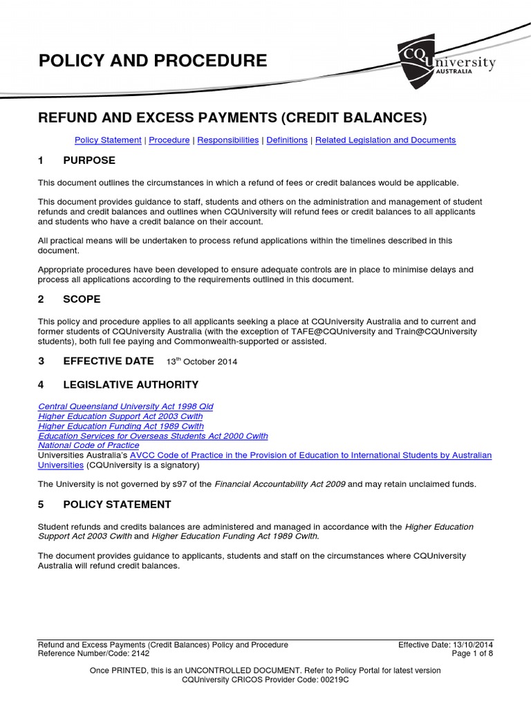 Refund and Excess Payments (Credit Balances) Policy and Procedure PDF ...