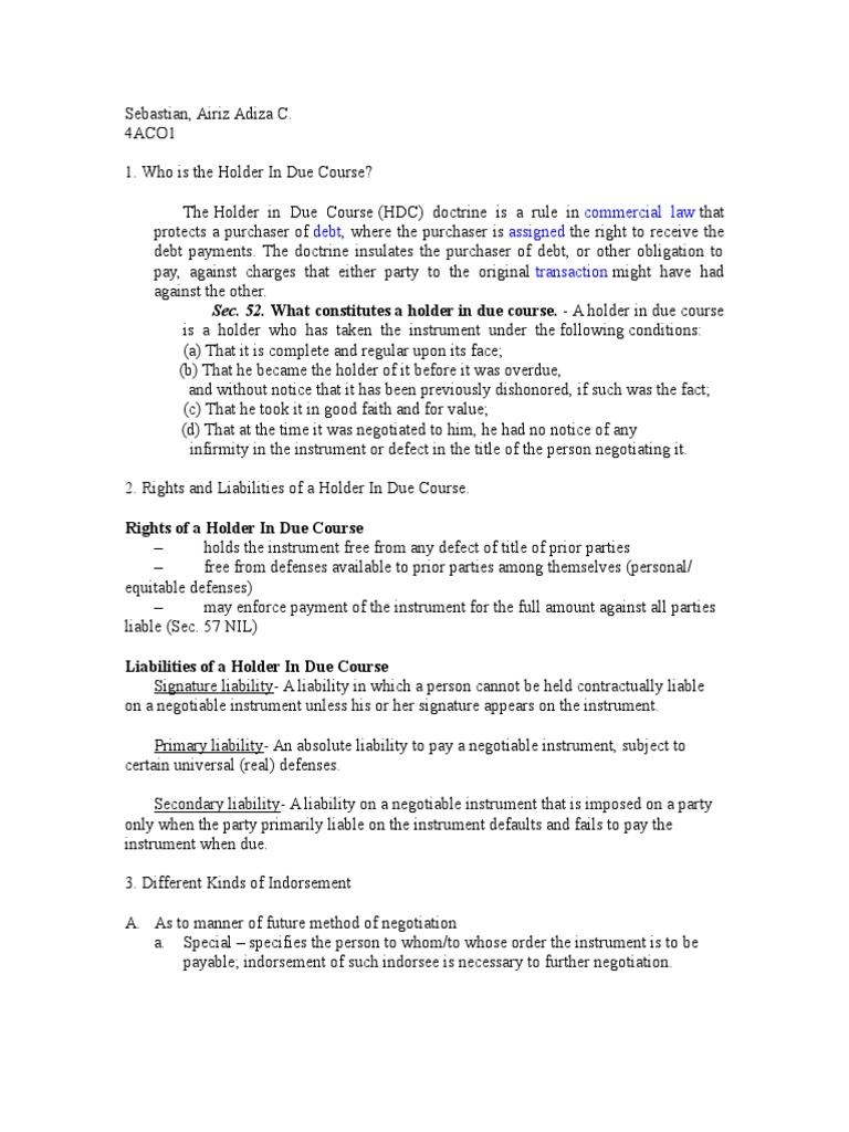 Sec. 52. What Constitutes A Holder in Due Course. - A Holder in Due ...