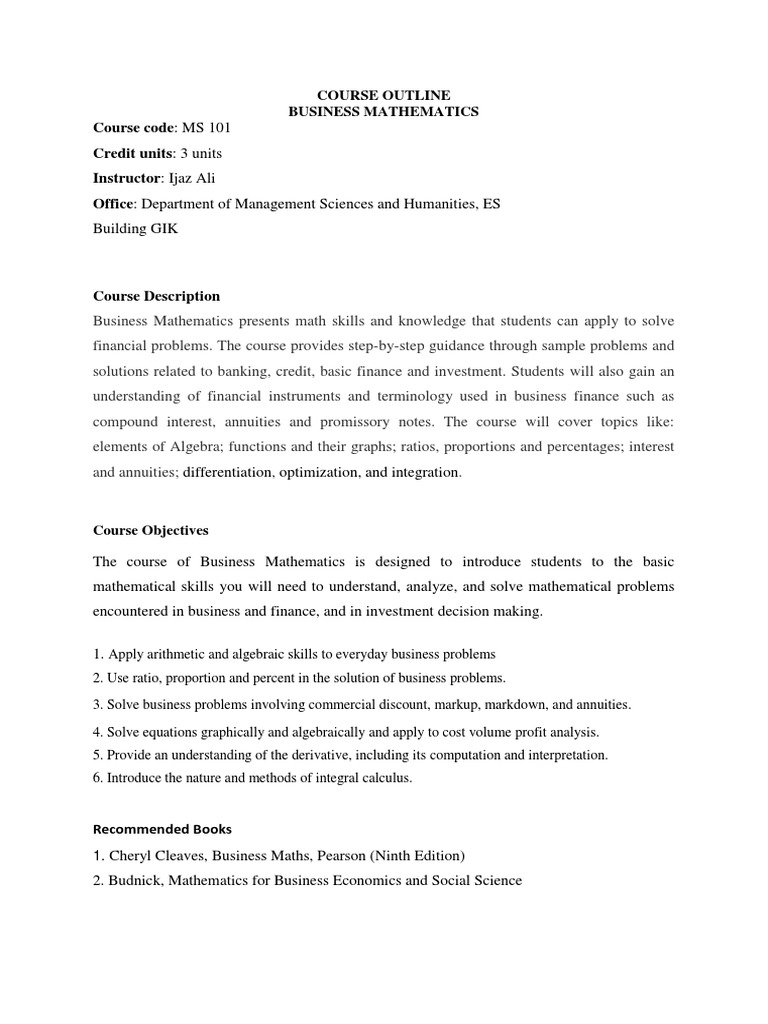 Business Mathematics Course Outline | PDF | Teaching Mathematics ...