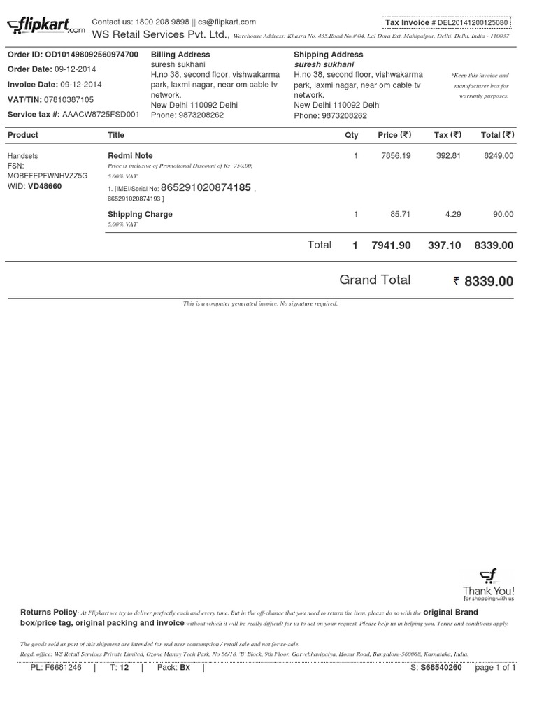 Orignal Bill Format | PDF