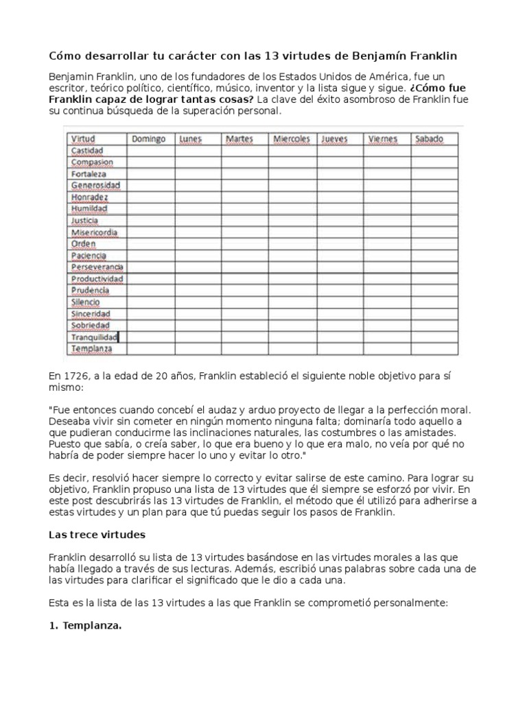 Cómo Desarrollar Tu Carácter Con Las 13 Virtudes de Benjamín Franklin ...