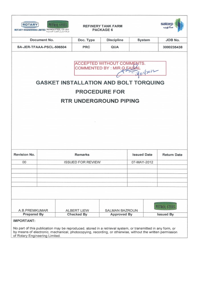 Rev00-Gasket Installation & Bolt Torquing Procedure | PDF | Pipe (Fluid ...