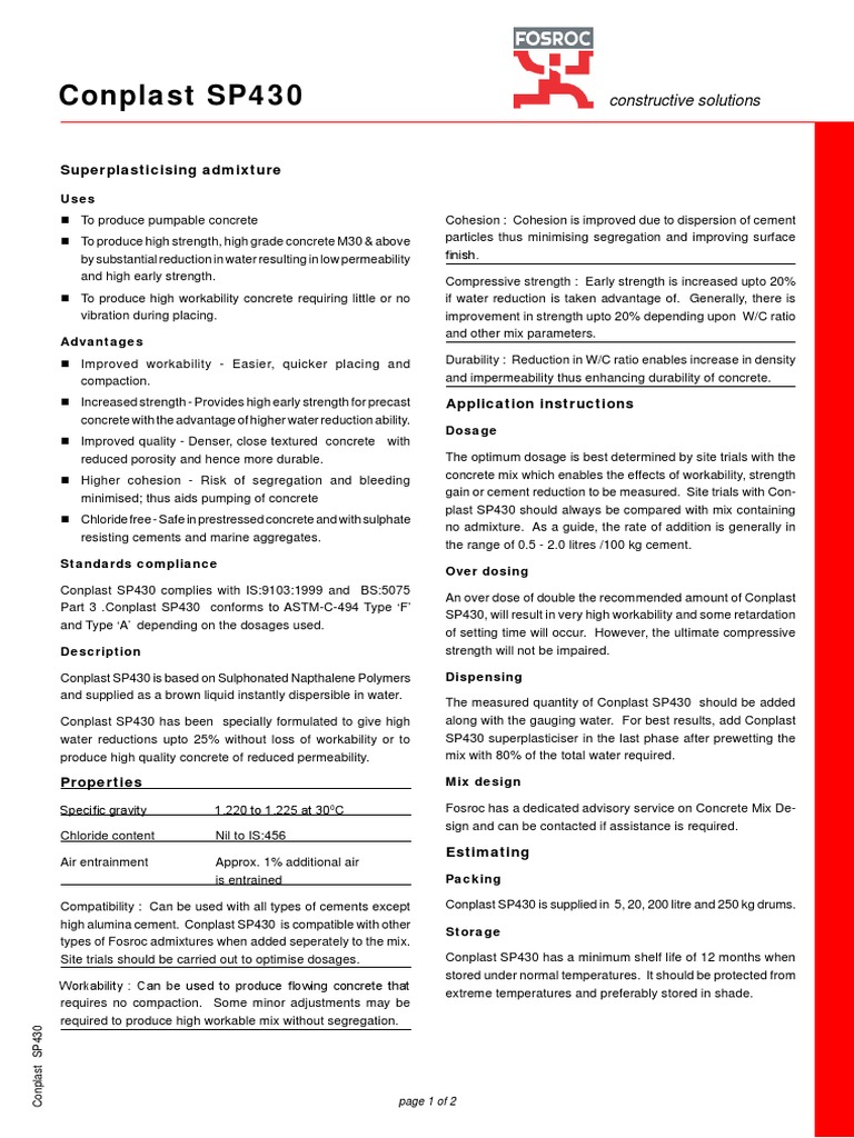 TDS Conplast SP430 India | PDF | Concrete | Building Materials