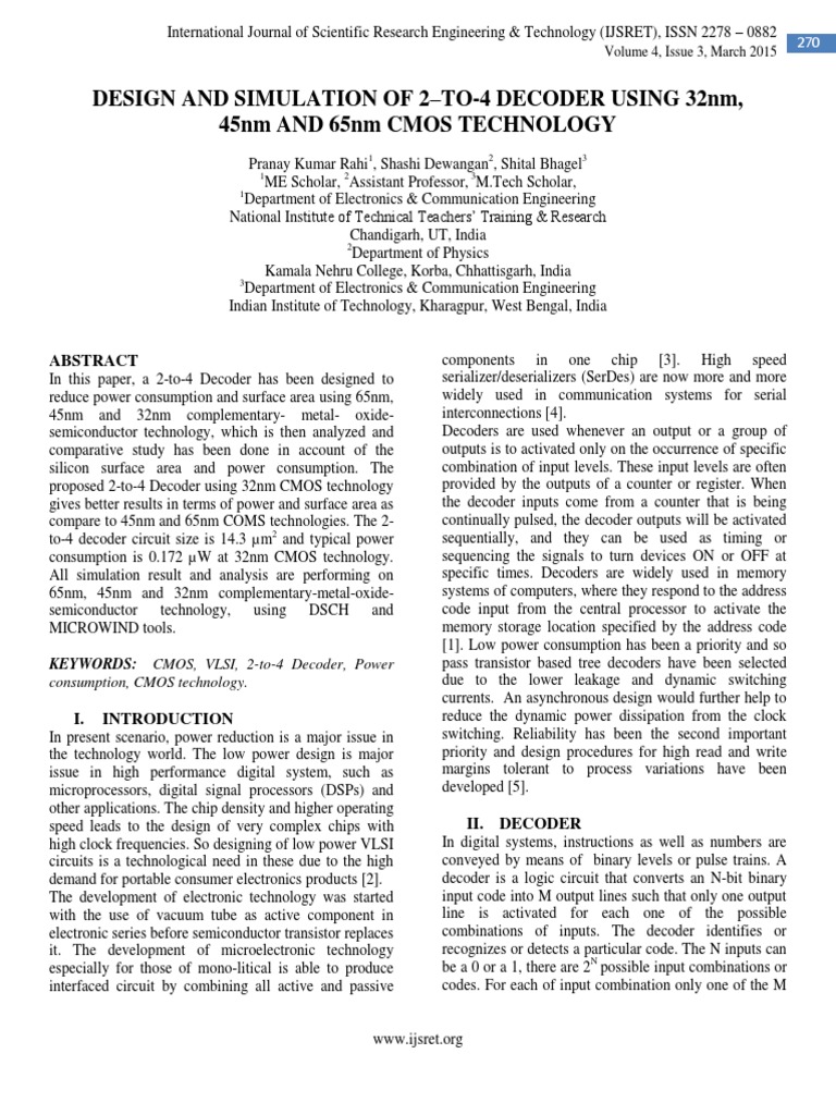 DESIGN AND SIMULATION OF 2-TO-4 DECODER USING 32nm, 45nm AND 65nm CMOS ...
