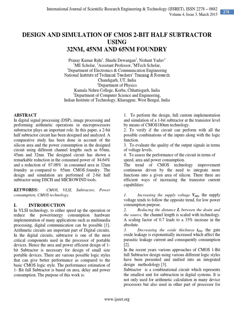 Design and Simulation of Cmos 2-Bit Half Subtractor Using 32NM, 45NM ...