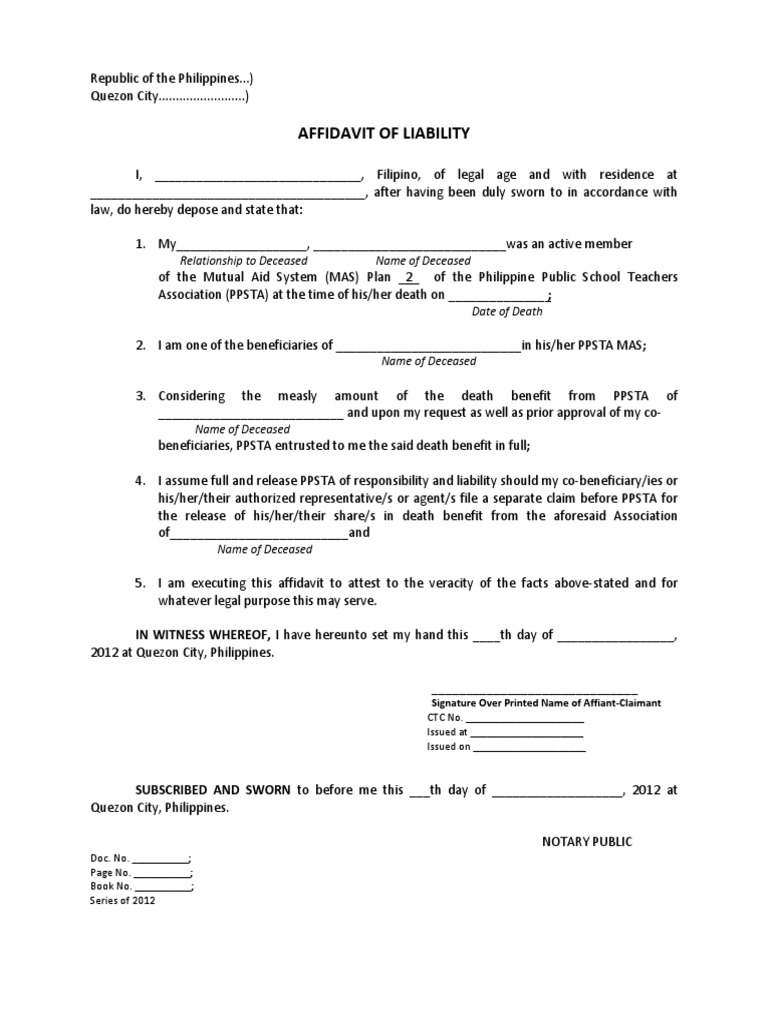Sample. Affidavit of Liability (Processing of Claims Under Plans 2) | PDF