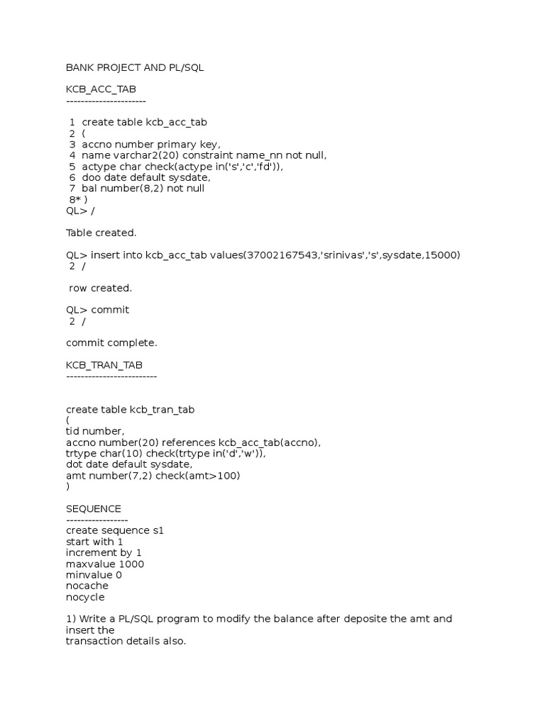 PL/SQL Bank Project: Tables, Procedures, and Functions | PDF | Pl/Sql | Subroutine