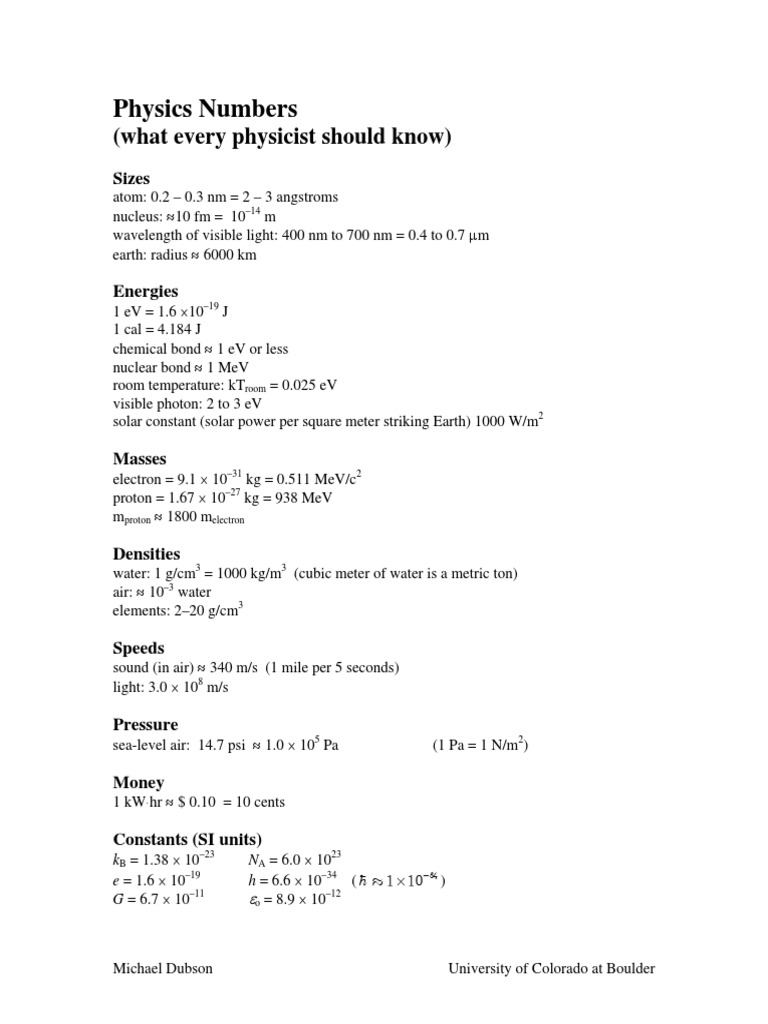 Physics Numbers: (What Every Physicist Should Know) | PDF