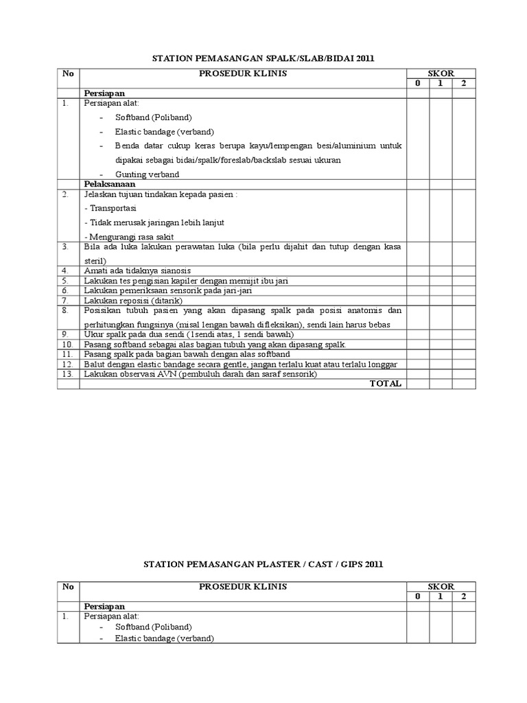 Check List Pemasangan Bidai-Gips Osce 2011 | PDF
