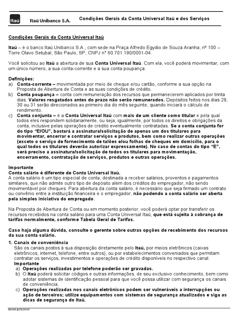 Condições da Conta Universal Itaú | PDF | Conta de transação ...