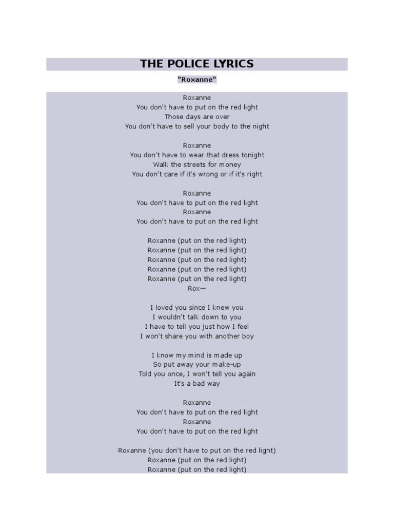 The Police Lyrics: "Roxanne" | PDF | Art