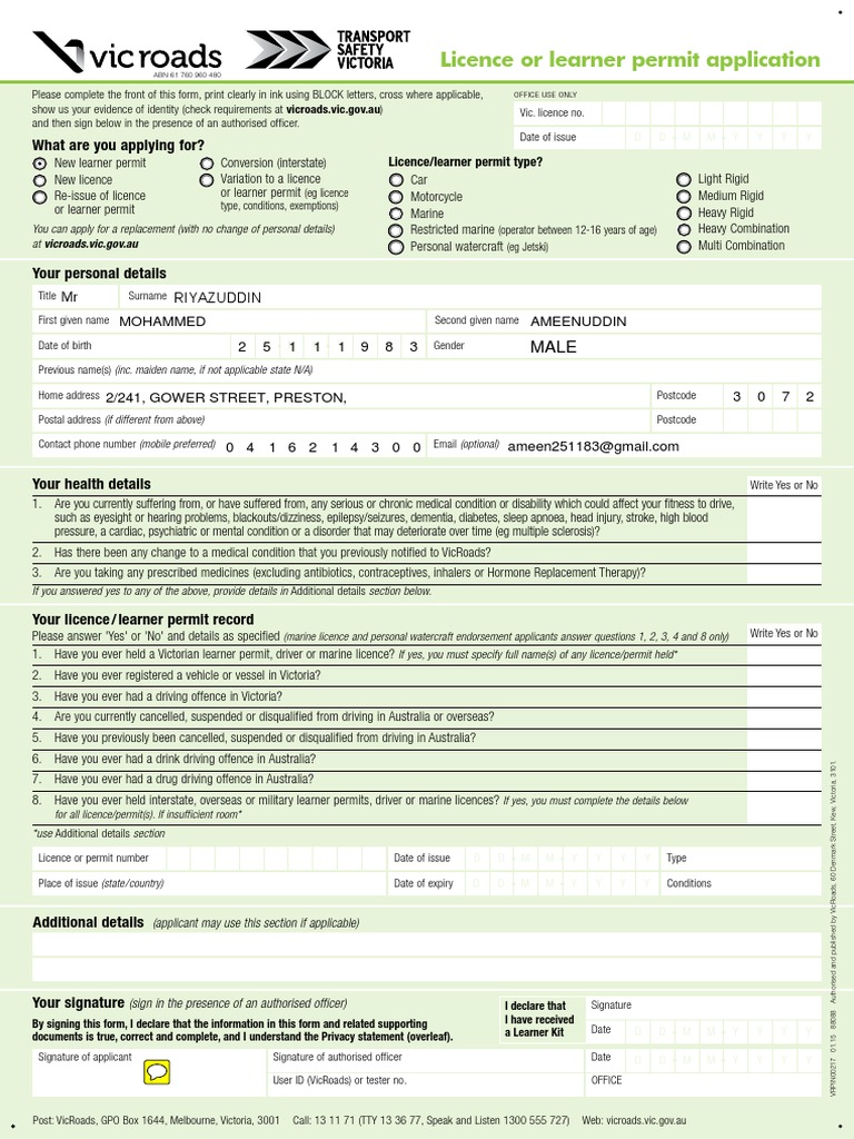 Licence or Learner Permit Application | PDF | Driver's License ...