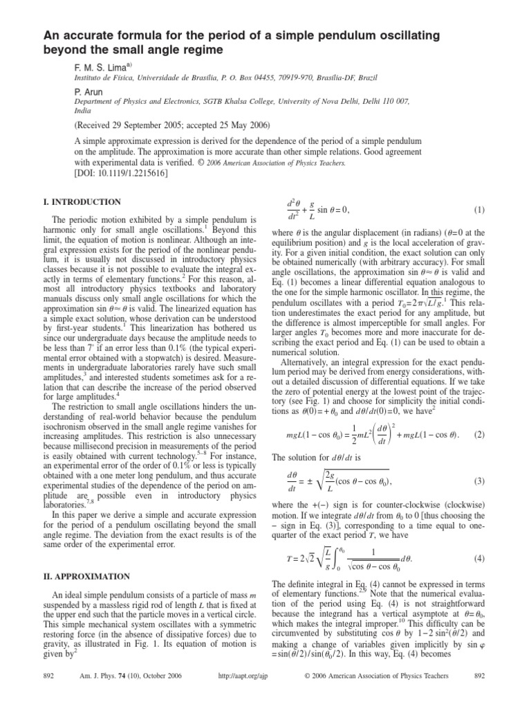 An Accurate Formula For The Peroid of A Simple Pendulum Oscillating ...