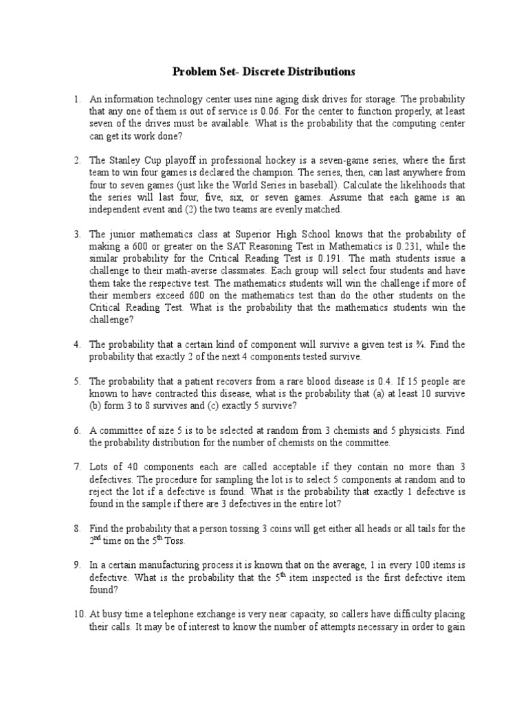 Problem Set Discrete Distributions | PDF | Probability | Probability Distribution