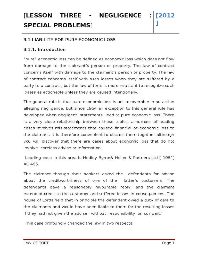 Analysis of the Law on Negligence Regarding Pure Economic Loss and ...