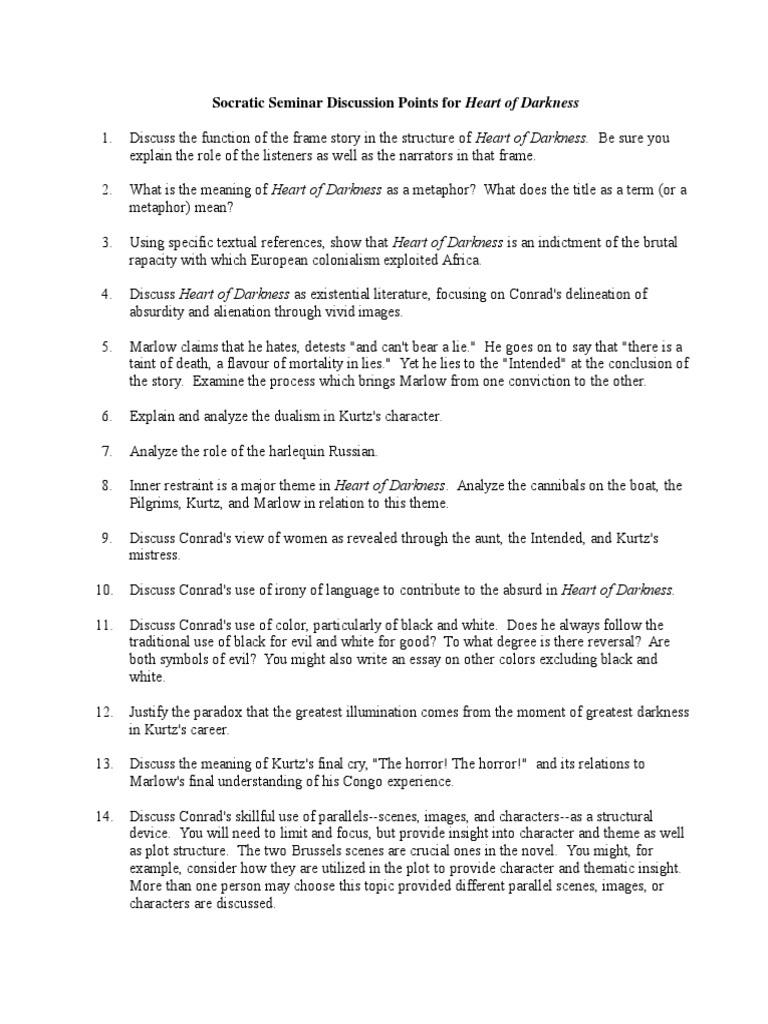 Socratic Seminar Points on Heart of Darkness | PDF | Heart Of Darkness ...