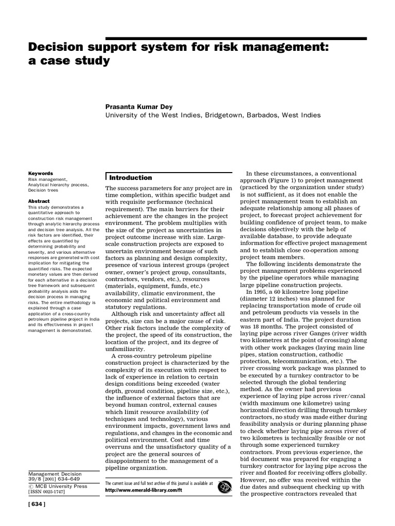 2001-Dey-Decission Support System For Risk Assessment - A Case Study ...