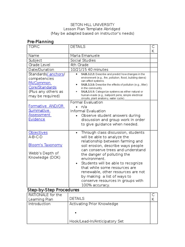 4th Grade Social Studies Lesson Plan | PDF | Performing Arts | Cognition