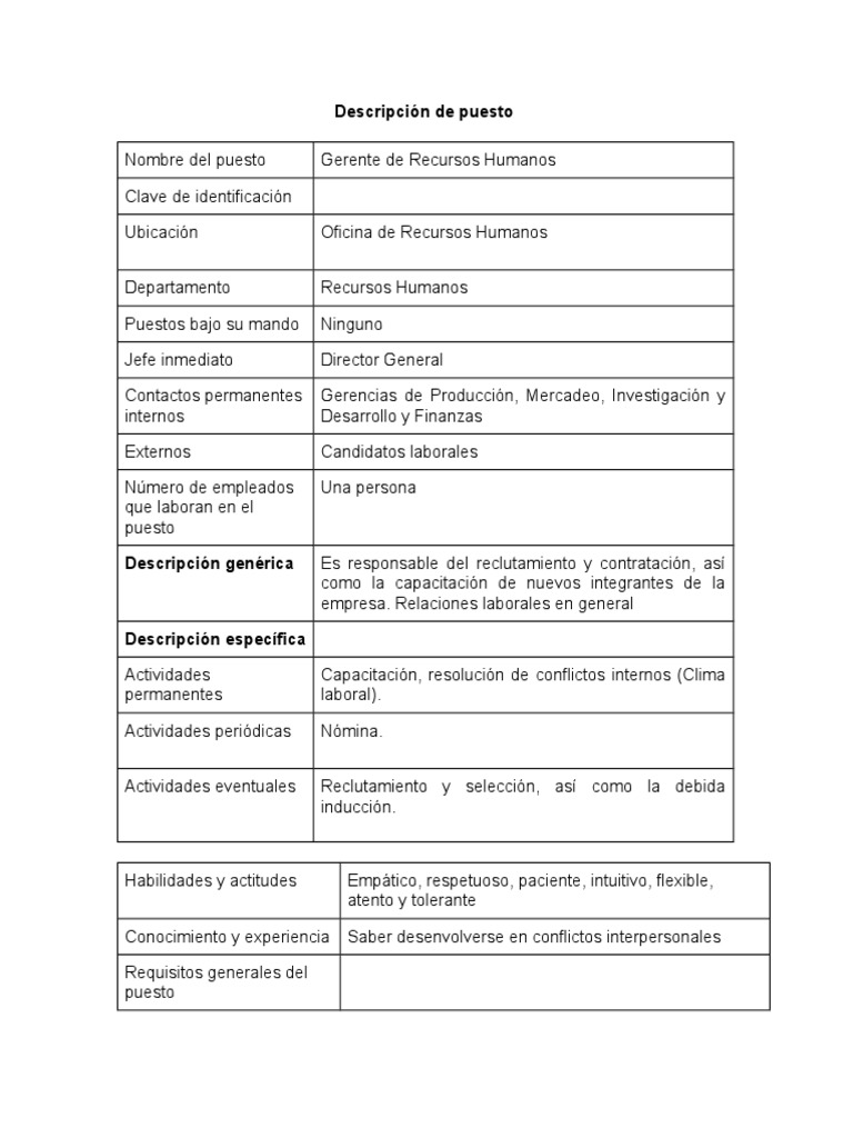Descripción de Puesto ejemplo