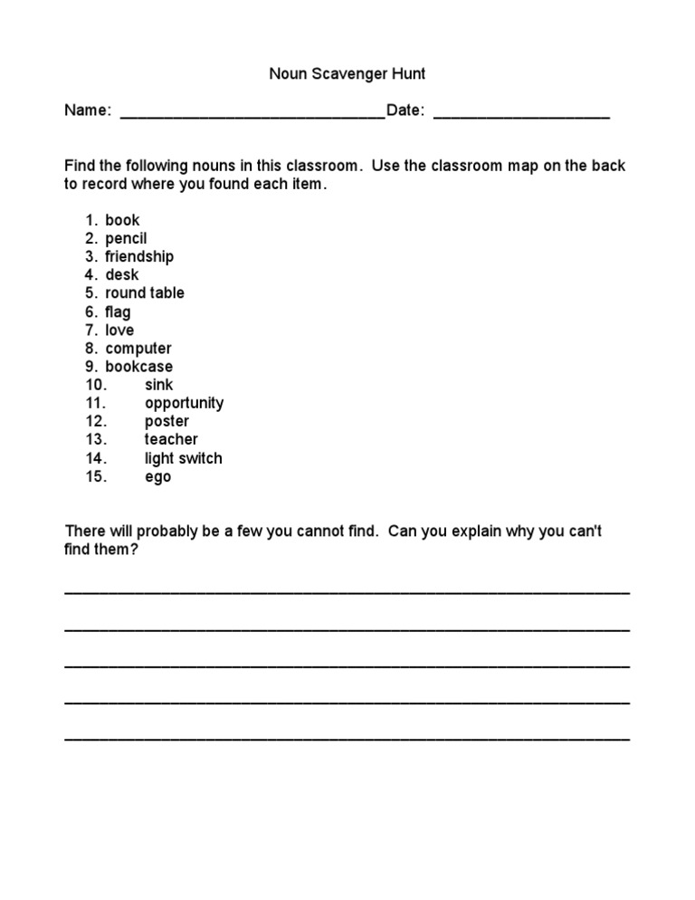 Noun Scavenger Hunt Activity | PDF