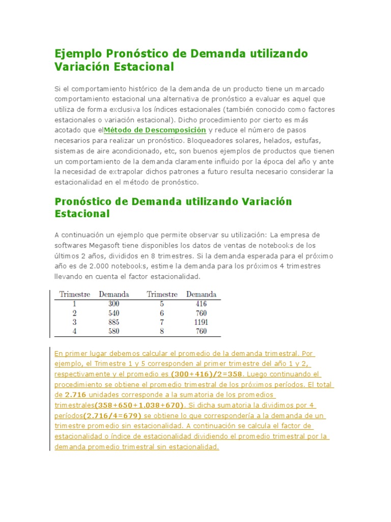 Ejemplo Pronóstico de Demanda Utilizando Variación Estacional | PDF ...