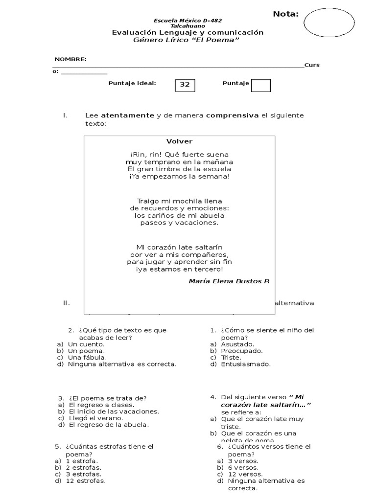 Evaluación de Poemas para Básicos | PDF | Ocio
