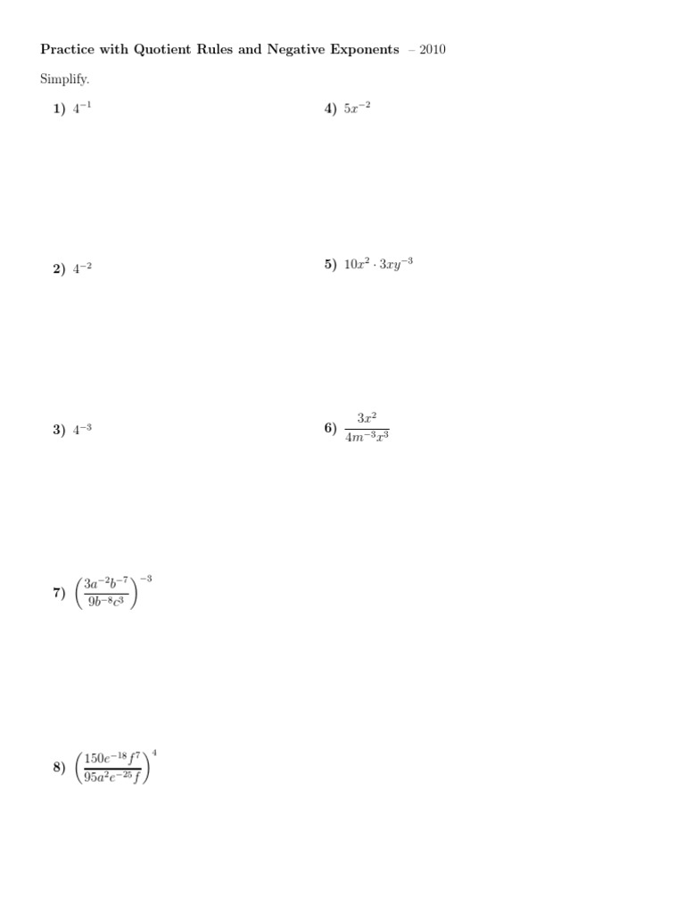 Quotient Rules & Negative Exponents Practice | PDF