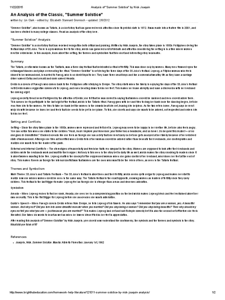 Analysis of - Summer Solstice - by Nick Joaquin | PDF