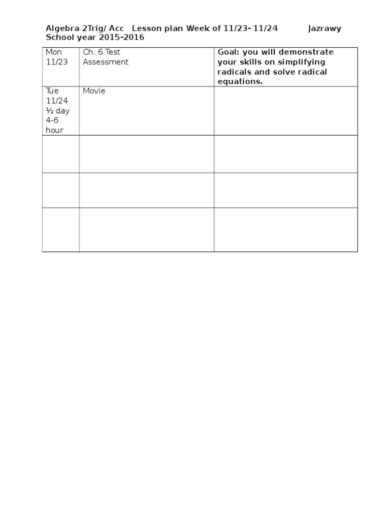 Alg2 Trig Lesson Plan 11-23-11-24 | PDF