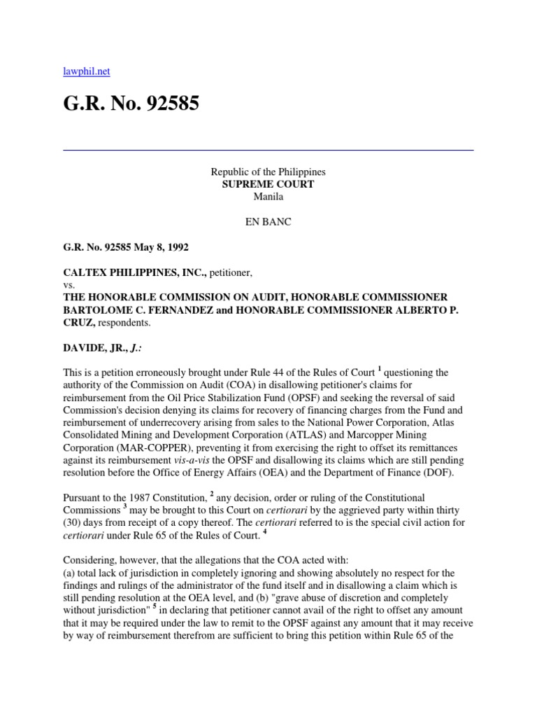 Caltex Philippines v. COA (GR 92585, 8 May 1992) | PDF | Taxes | Petroleum