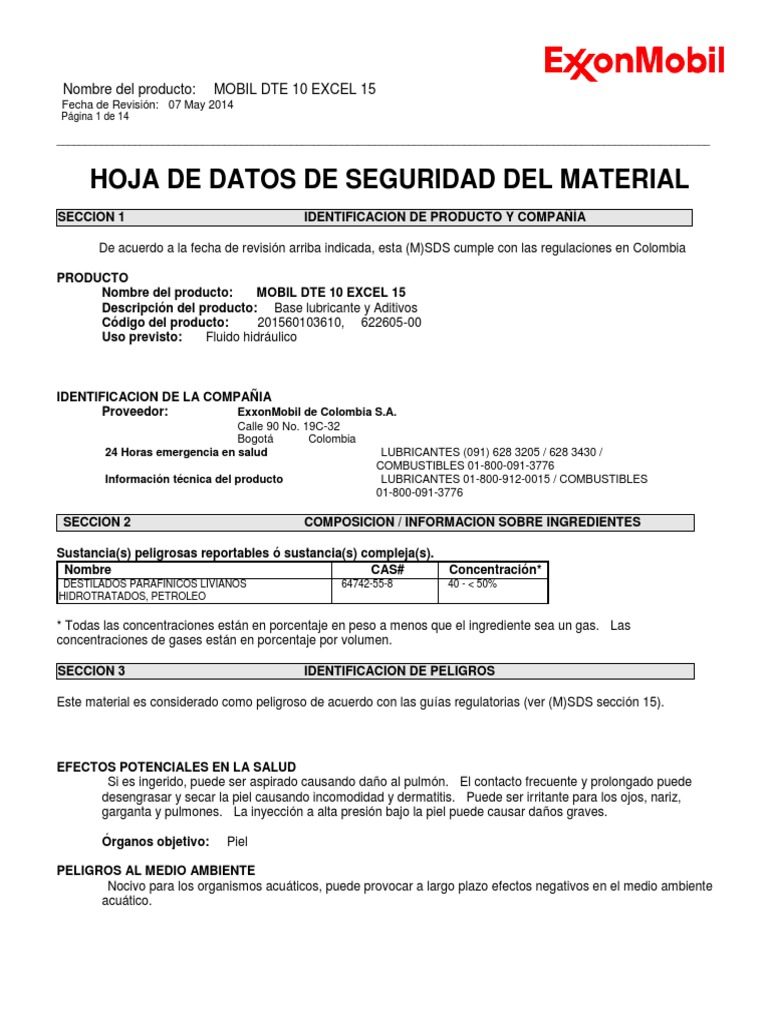 Msds Mobil Dte 10 | PDF | Guante | Agua