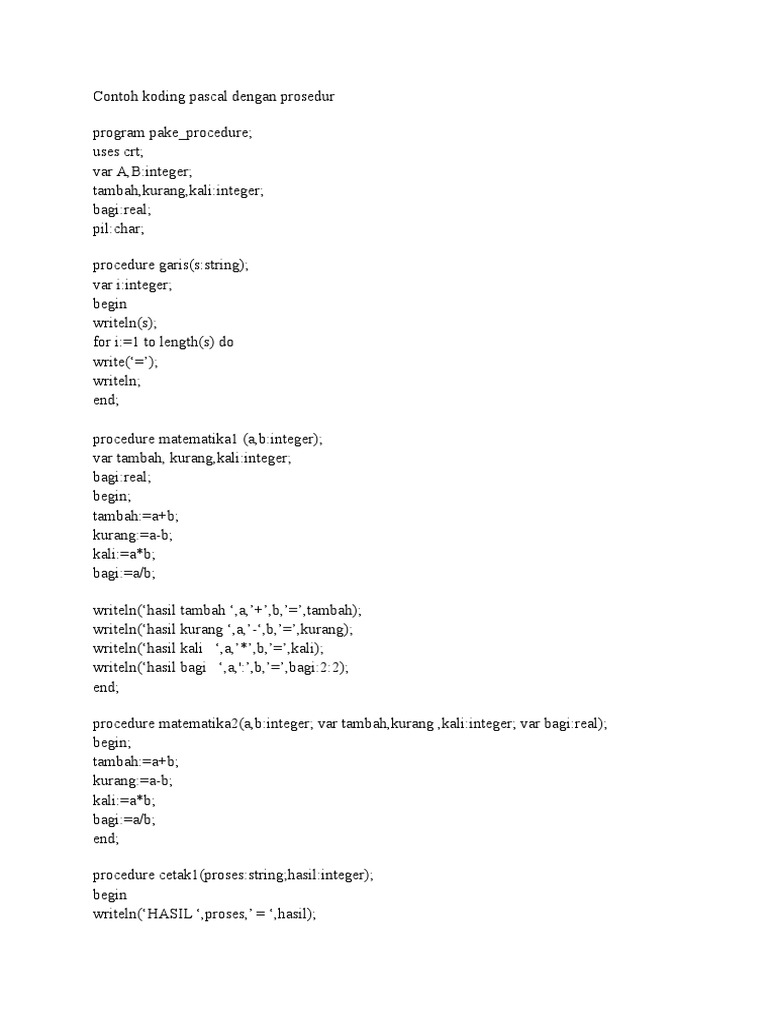 Contoh Koding Pascal Dengan Prosedur | PDF