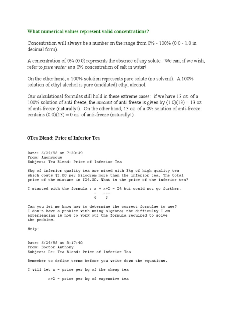 Mixtures Problem | PDF | Litre | Equations