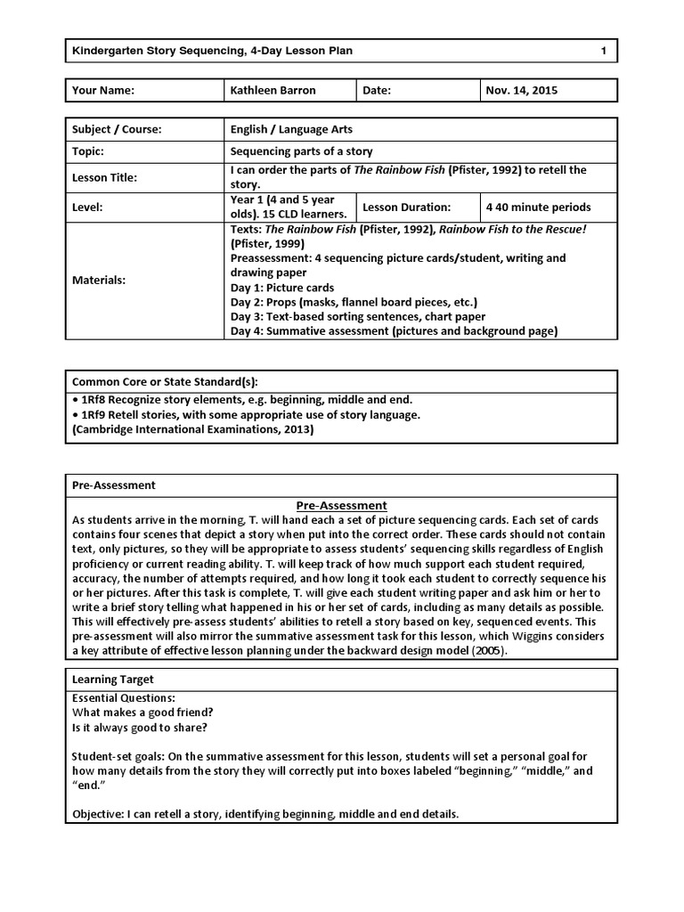 Story Sequencing 4day Lesson Based On The Rainbow Fish | PDF | Applied ...