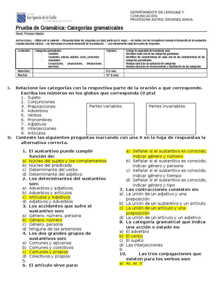 Prueba de Gramática | PDF | Verbo | Adjetivo