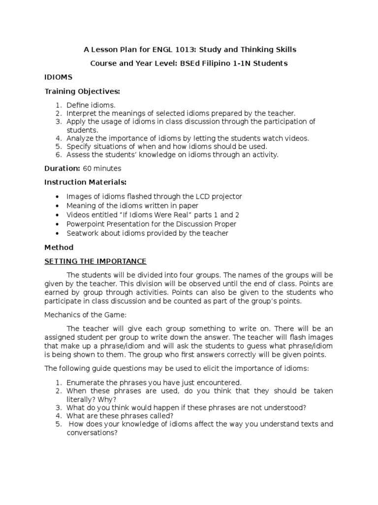 A Lesson Plan On Idioms | PDF | Idiom | Lesson Plan