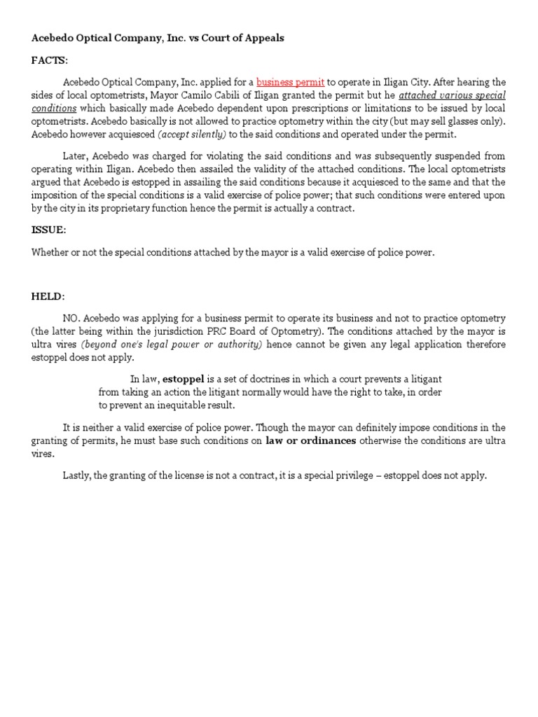 Acebedo Optical Permit Dispute | PDF | Estoppel | Optometry