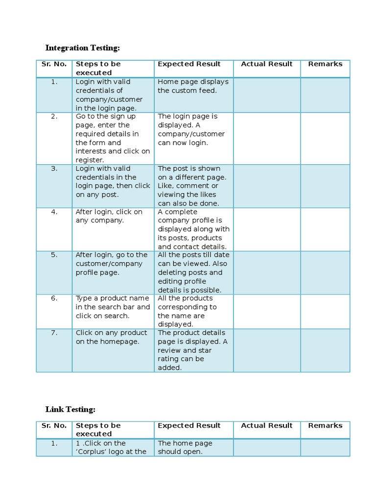 Integration Testing:: Sr. No. Steps To Be Executed Expected Result ...