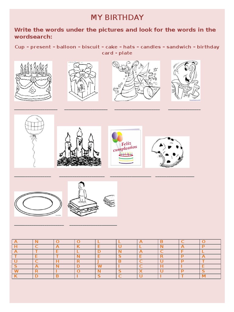 My Birthday: Write The Words Under The Pictures and Look For The Words ...