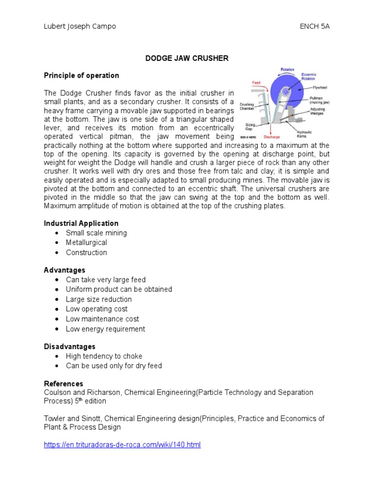 Dodge Jaw Crusher Principle of Operation: Lubert Joseph Campo Ench 5A ...